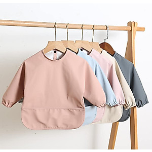 NEHET Waterproof Baby Bibs,Infant Toddler Long Sleeve Feeding Bib With Food Catcher Super Soft Wipe Clean