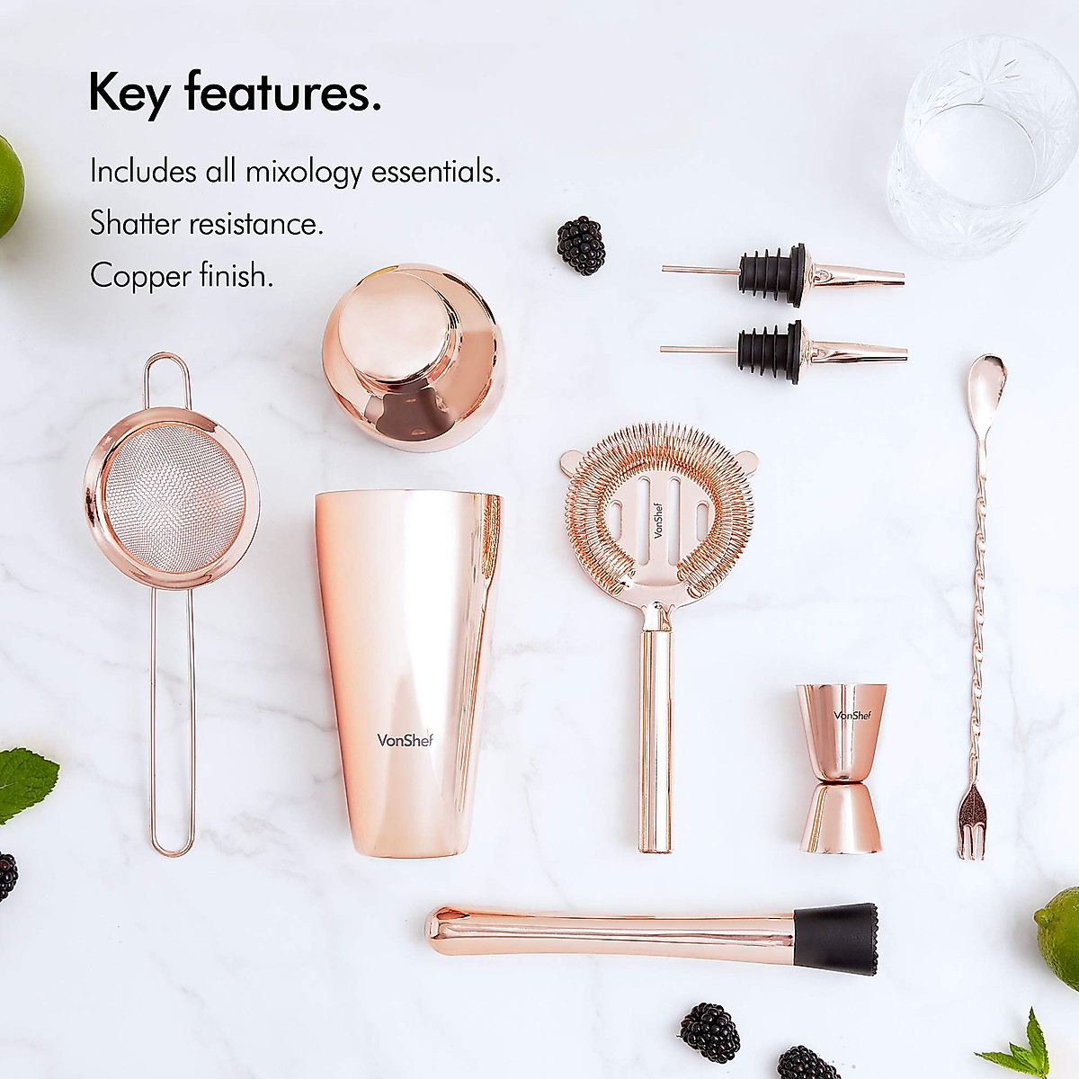 VonShef Parisian Cocktail Shaker Barware Set in Gift Box with Recipe Guide, Cocktail Strainers, Twisted Bar Spoon, Jigger, Muddler and Pourers, 9 Piece Set, 17oz (Rose Gold)