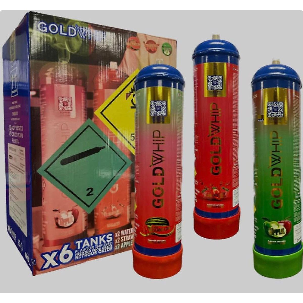 GoldWhip Original 615g Whipped Cream Charger Pure Nitrous Oxide Tank 0.95L Nitrous Oxide Cartridge (6 Cylinder). Watermelon, strawbewrry, Apple 2 of Each Flavor Pack of 6 Made in Poland