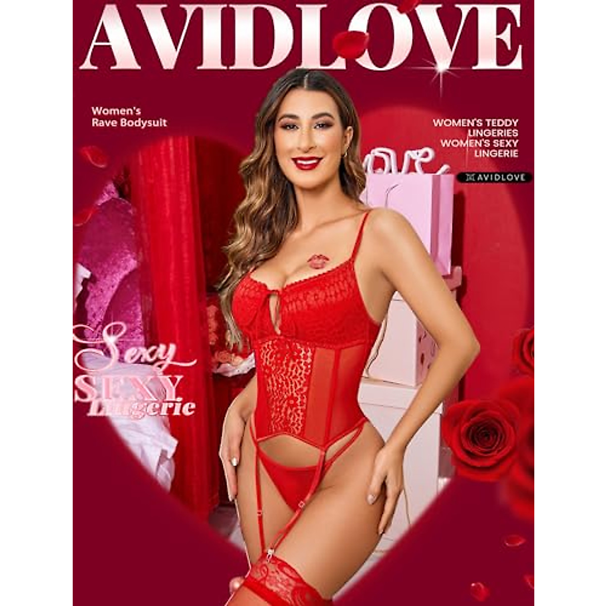 Avidlove Christmas Lingerie for Women Lace Santa Lingerie Set Tummy Control Lingerie Bodysuit Red