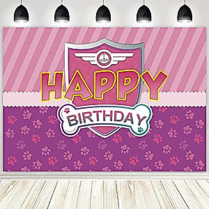 7x5ft Pink Skye Dog Patrol Birthday Backdrop Paw Print Happy Birthday Banner Decorations Background for Girls Puppy Dog Birthday Party Supplies