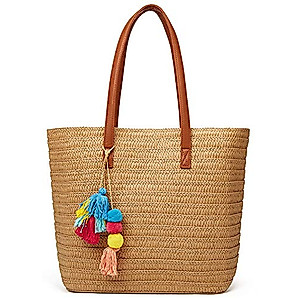 Obosoyo Straw Bags Beach Bag for Women Large Round Wicker Tote Bags Pompom Shoulder Bag Summer Purse (D-Khaki)