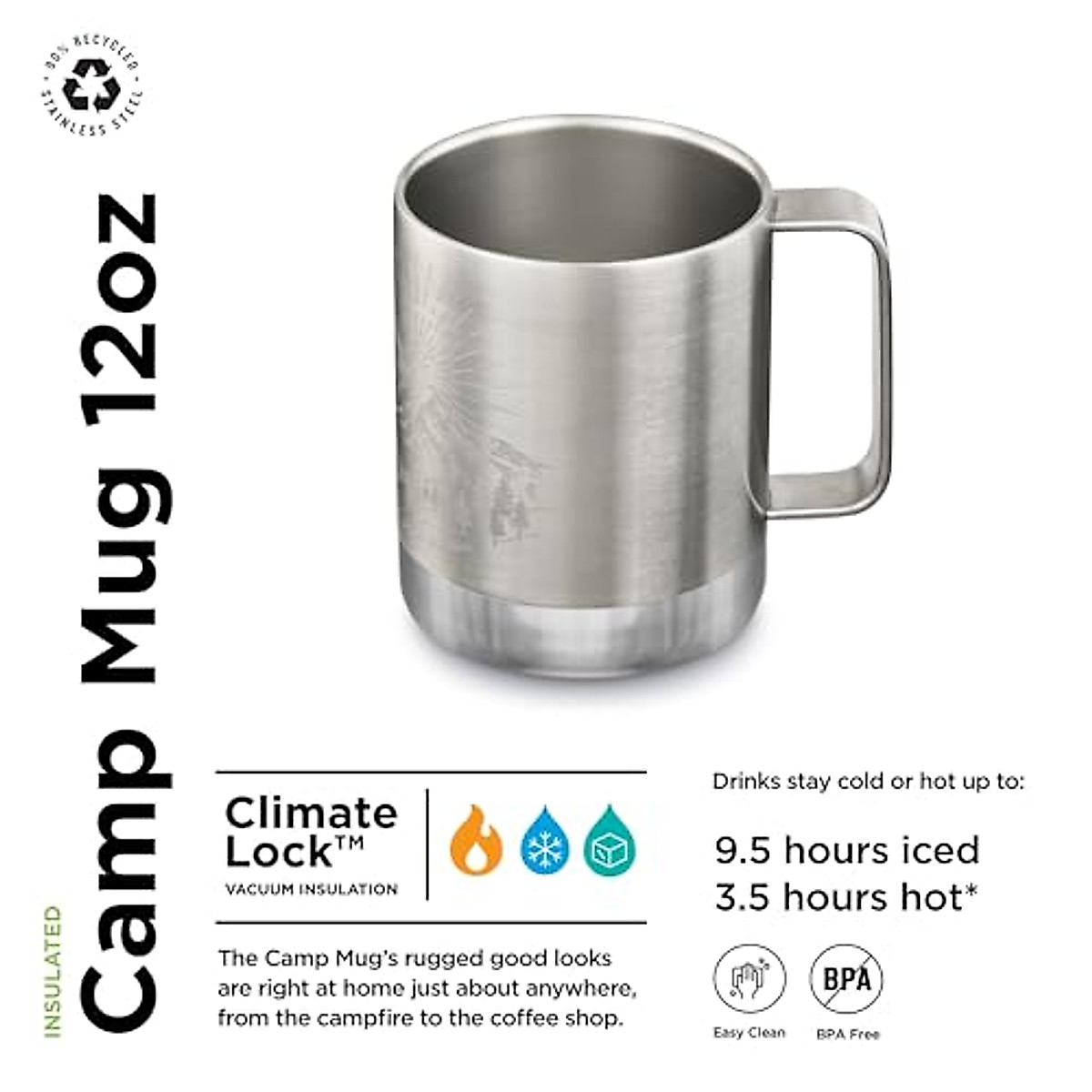 Klean Kanteen Camp Mug 12 Oz Laser Etch Mntns Brushed Silver