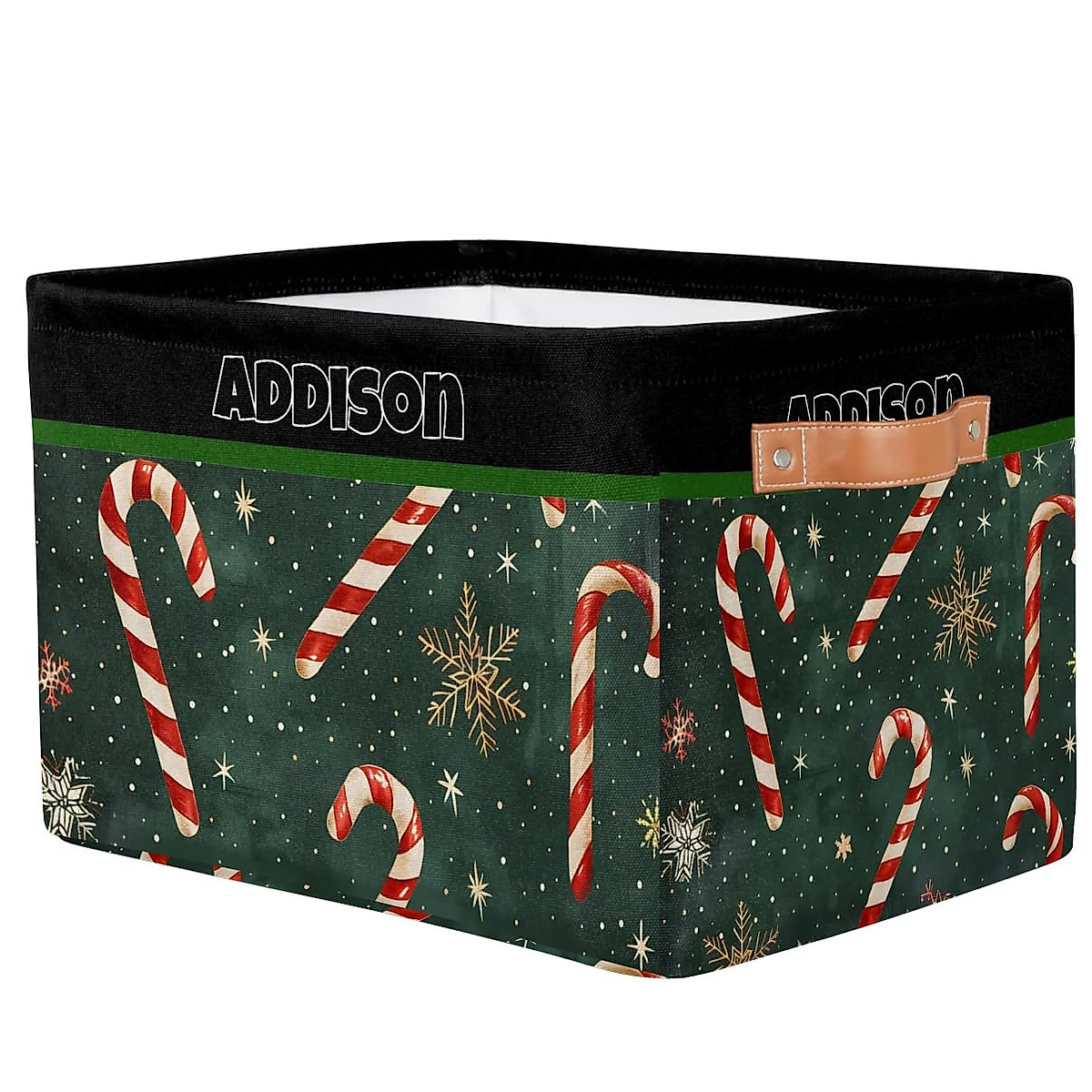 KFNHN Personalized Storage Bins, Customized Name Storage Basket Rectangle Clothes Organizer for Organizing Kids and Pets Toys Shelf Closet, Merry Christmas Green Candy Cane Snowflake