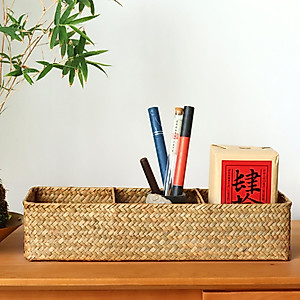 Moosky Shelf Baskets with Dividers, Seagrass Storage Baskets Rectangular Wicker Woven Back of Toilet Basket for Home Organizer (Natural)