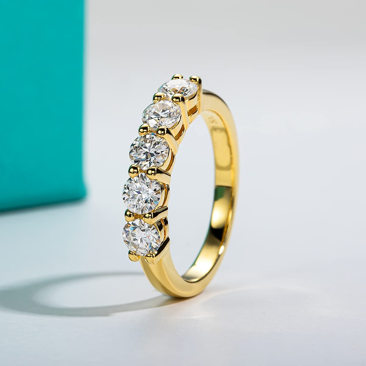 AnuClub 5 Stone Moissanite Wedding Band 1.5cttw D Color Lab Diamond 14k Yellow Gold Plated Silver Eternity Rings, Christmas Gift For Women With Certificate 6.5