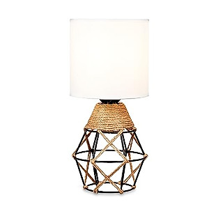 Hamilyeah Boho Lamp, Woven Table Lamp for Nightstand with On/Off Switch, Bedroom Lamp with White Fabric Shade, Simple Lamp for Bedside, Living Room