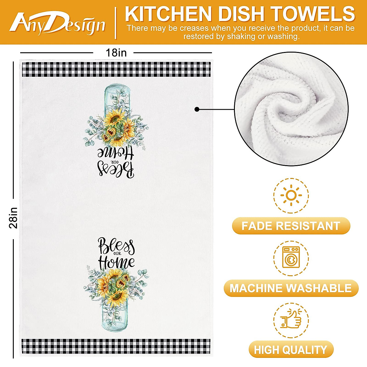 AnyDesign Summer Sunflower Kitchen Towel Buffalo Plaids Dish Cloths Floral Dish Towel Home Hand Towels Sweet Hand Drying Tea Towel for Seasonal Holiday Cooking Baking Cleaning Wiping, 18 x 28 In, 2Pcs