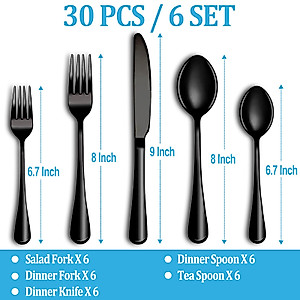 30 Pcs Black Silverware Set, Stainless Steel Flatware Set Service for 6, Mirror Polished Cutlery Utensil Set, Durable Home Kitchen Eating Tableware Set, Include Fork Knife Spoon Set, Dishwasher Safe