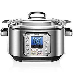Slow Cooker, HOUSNAT 10 in 1 Programmable Cooker, 6Qt Stainless Steel, Rice Cooker, Yogurt Maker, Delay Start, Steaming Rack and Glass Lid, Adjustable Temp&Time for Slow Cook with Digital Timer