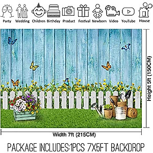 ZTHMOE 7x5ft Fabric Spring Photography Backdrop Easter Garden Floral Background Butterfly Grass Blue Wooden Wall Banner Photo Booth Studio Props