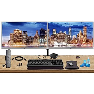 HP Home Office Bundle with 2 x E273 27" Monitors (HDMI, DisplayPort) USB-C Dock - Dual Monitor Stand - Wireless Keyboard and Mouse, Gel Wrist Pad - 32GB USB Drive - Surge Protector and More