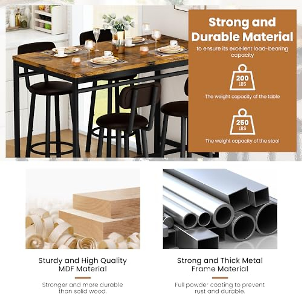 DKLGG Bar Dining Table Set for 4 Industrial Pub Table and Chairs, Kitchen Counter Height Table & 4 PU Leather Upholstered Stools with Backrest Space-Saving Dining Room Table Set for Small Space