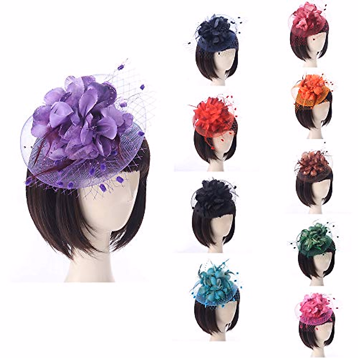 Derby Netting Mesh Headband,BOLUBILUY Feather Big Flowers Hair Band Tea Party Girls Women Wedding Bridal Fascinator Hat