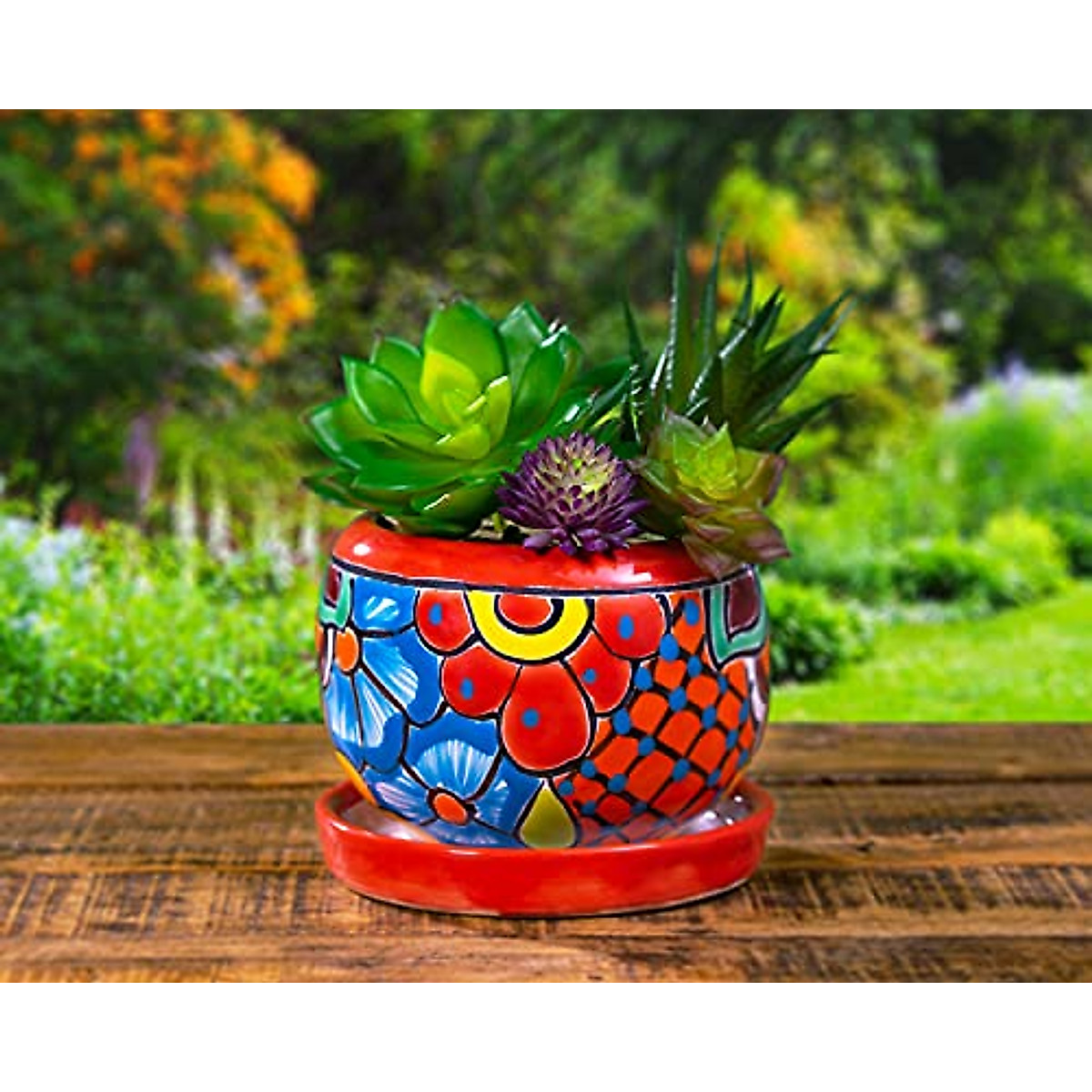 Enchanted Talavera Ceramic Succulent Pot Small Flower Planter Cactus Bonsai Pot W/Drainage Home Garden Office Desk Décor Gift (Small 4.5" x 4" with Saucer, Red)