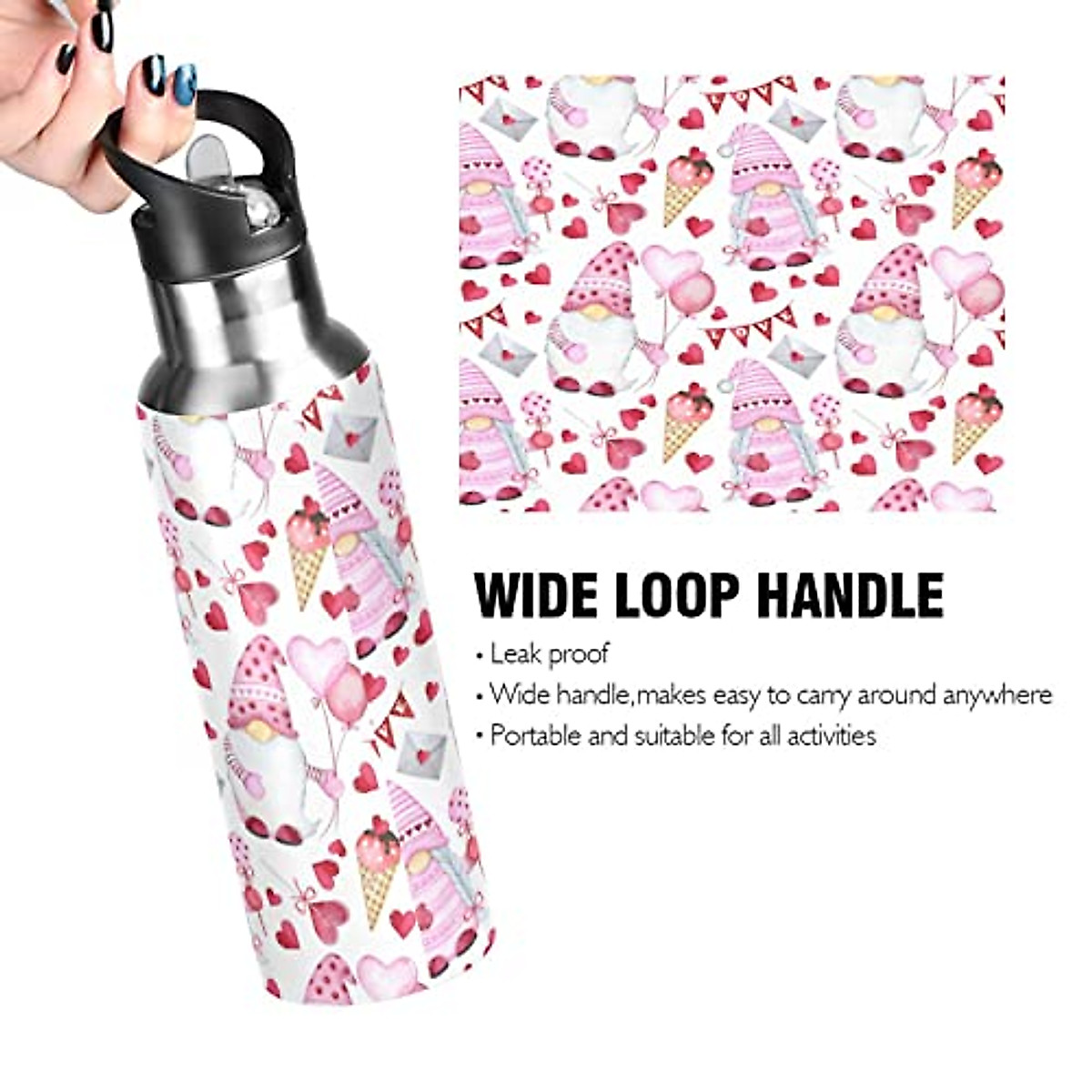 Cute Valentine Gnomes Insulated Water Bottle with Straw Lid Stainless Steel Vacuum Bottles with Handle for Hiking Camping 20 oz BAP-Free