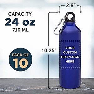 DISCOUNT PROMOS Custom Aluminum Water Bottles with Carabiner 24 oz. Set of 10, Personalized Bulk Pack - Perfect for Gym, Hiking, Camping, Running, Mountain Bike, Outdoor Sports - Met Blue