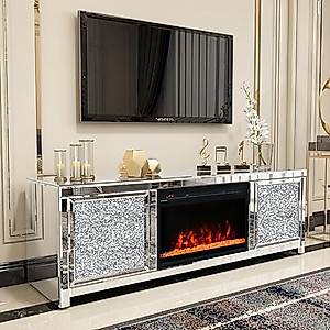 ENENE Mirrored TV Stand with Fireplace-10 Colors Changing Crystal Electric Fireplace tv Stand for 65 inch TV Electric Fireplace Entertainment Center for Living Room (Remote Control & 3D Flame)
