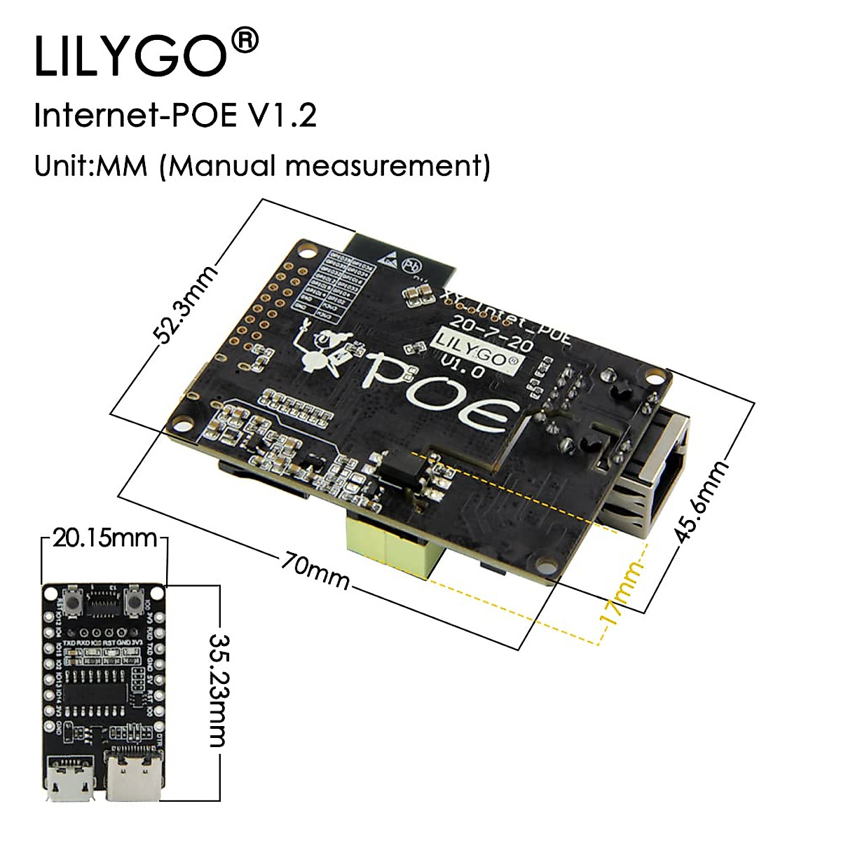 LILYGO T-Internet-POE ESP32-WROOM LAN8720A Chip Ethernet Adapter and Downloader Expansion Board Programmable Hardware TTGO Development Board (T-Internet-POE)