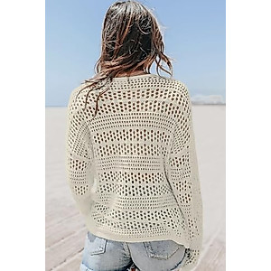 Dokotoo Women's 2023 Spring Summer Crochet Hollow Out Long Sleeve Beach Bikini Swimsuit Mesh Cover Up Tunic Top Apricot M