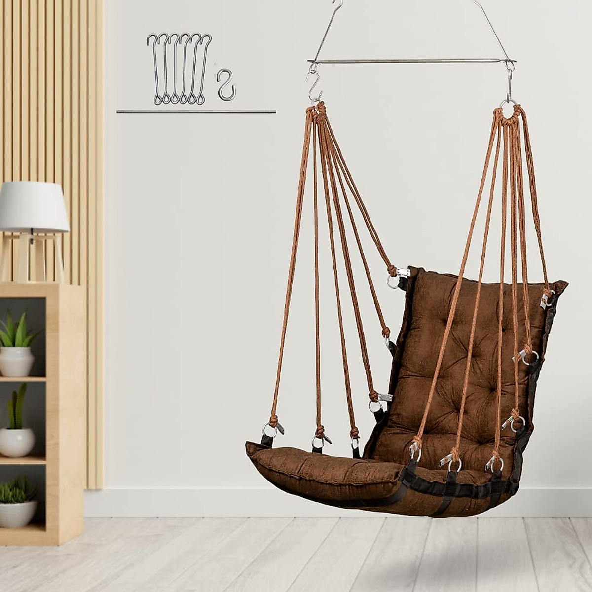 Soft Leather Velvet Hanging Swing Chair, Jhula for Adults, Swing for Indoor/Outdoor, Home, Balcony & Garden, 200 Kgs Weight Capacity (Cotton,Brown, Free Hanging Accessories)