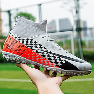 WINGFAI Men's Soccer Shoes Cleats Professional High-Top Breathable Athletic Football Shoes Outdoor/Indoor Professional Futsal Football Training Sneakers Silver 4 US