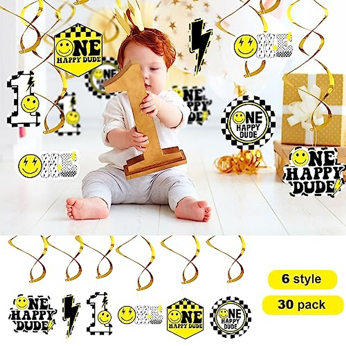 Tenceur 30 Pack One Happy Dude Hanging Swirl 1st Birthday Party Decorations Smile Face Hanging Swirl Decor Foil Ceiling Streamers Groovy One Happy Dude Birthday Party Supplies for Boys Girls