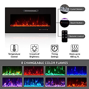 AMERLIFE 68" TV Stand with 40" Electric Fireplace, Modern High Gloss Media Entertainment Center with LED Lights for TVs up to 78", TV Console Cabinet with Glass Shelves Lower Storage, Black