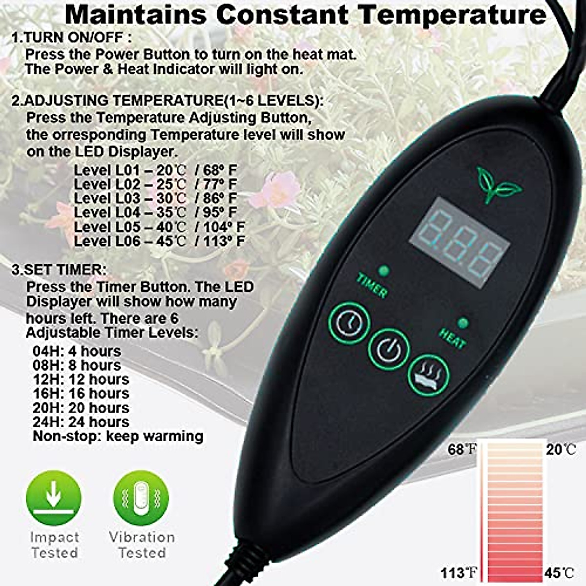 MARVIA Warming Mats for Plants,Heat Mat with Digital Temperature Controller,6 Temperatures 6 Timers,Seeding Heat Mat with LED and Probe, for Plants Seeds Gardening Greenhouse,Waterproof MET 20x10in