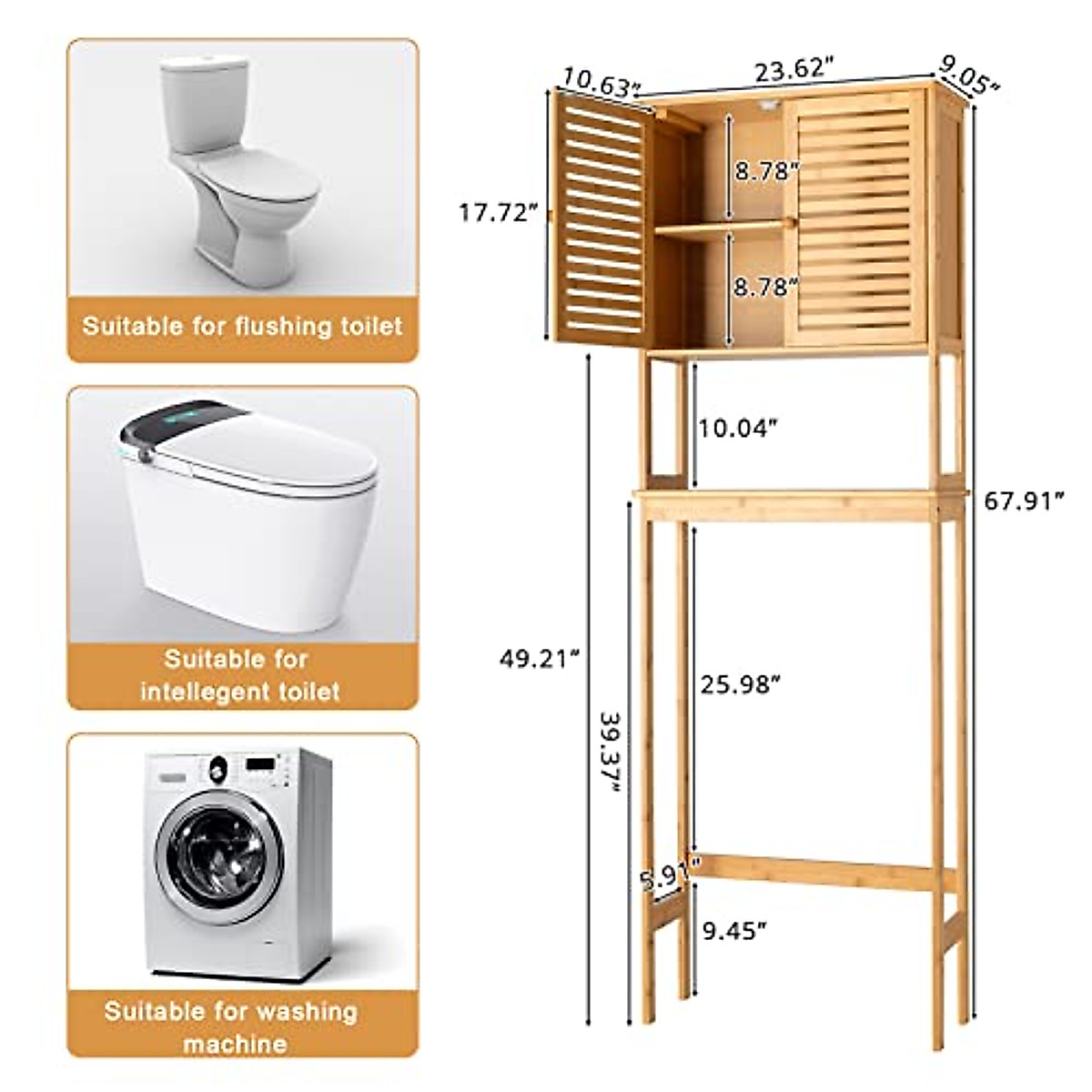 Over The Toilet Storage Cabinet, Bamboo Over Toilet Shelf Organizer with Adjustable Shelf, 2-Door with Cupboard, Bathroom Cabinet with Open Shelf Freestanding Tall Space Saver Toilet Rack, Burlywood