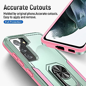 KSELF Galaxy S21 5G Case: Military-Grade Shockproof, Tempered Glass Protector, Ring Kickstand (Green & Pink)