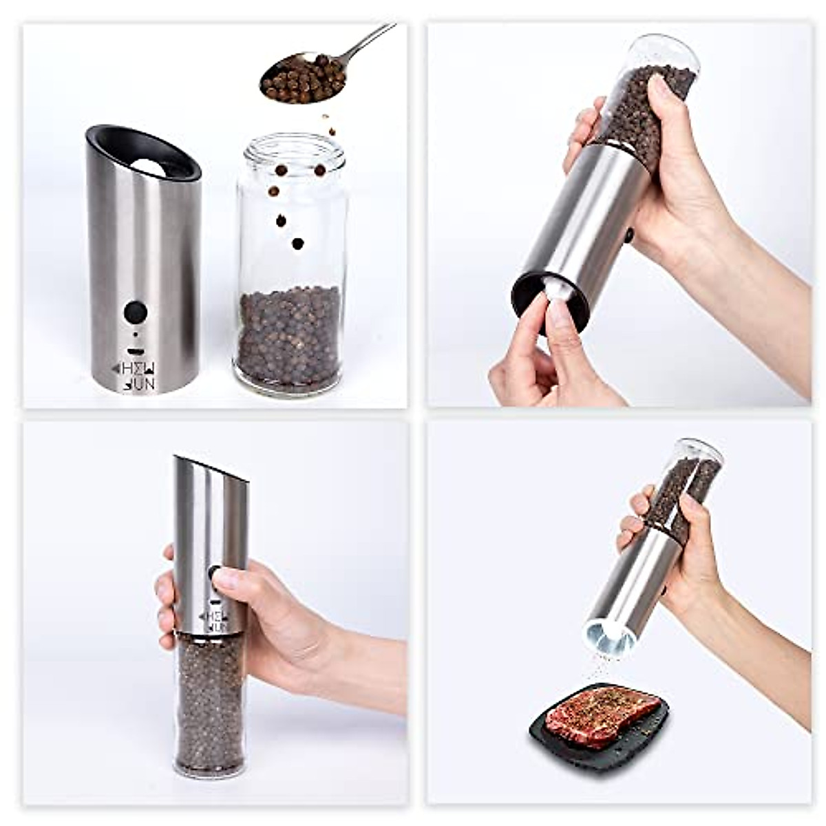 USB Rechargeable Electric Gravity Salt and Pepper Grinder with Adjustable Coarseness Automatic Pepper and Salt Mill with White LED Light,One Hand Operated,Brushed Stainless Steel by CHEW FUN