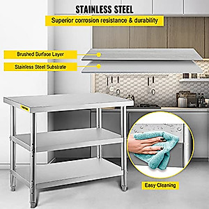 VEVOR Outdoor Food Prep Table, 48x14x33 in Commercial Stainless Steel Table, 2 Adjustable Undershelf BBQ Prep Table, Heavy Duty Kitchen Work Table, for Garage, Home, Warehouse, and Kitchen Silver