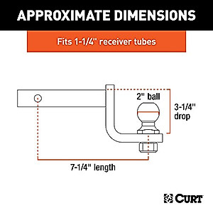 CURT 45148 Trailer Hitch Mount, 2-Inch Ball, Pin, Fits 1-1/4-In Receiver, 3,500 lbs, 3-1/4" Drop, GLOSS BLACK POWDER COAT