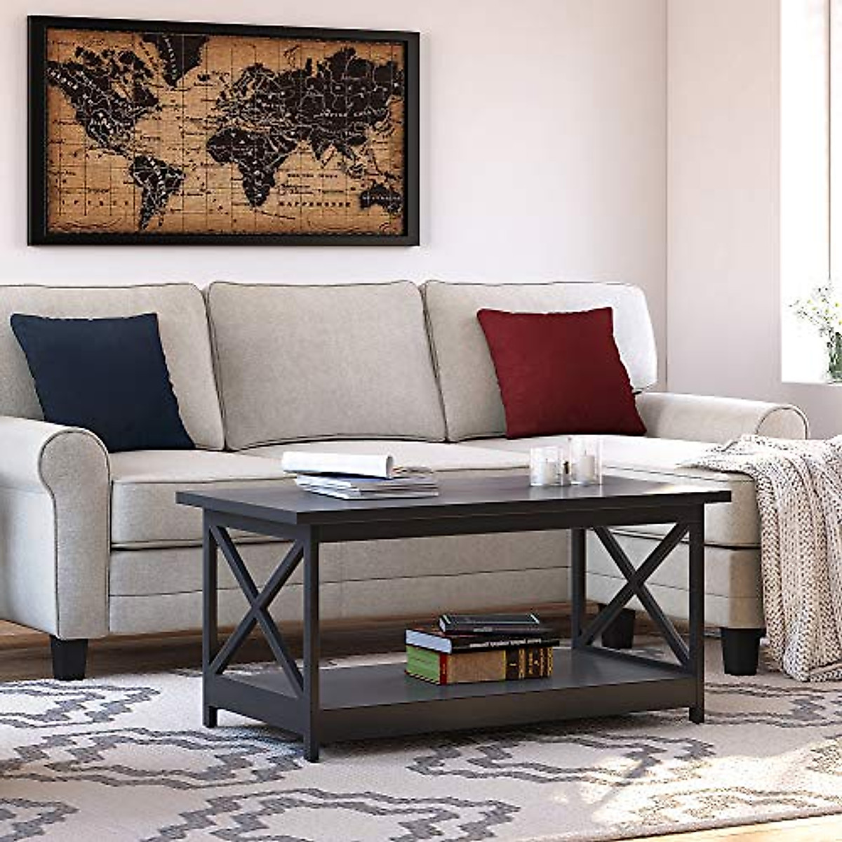 Serta Bismarck Modern Farmhouse Coffee Table with Lower Storage Shelf, Rectangle Tabletop with X-Shaped Lattice, Black
