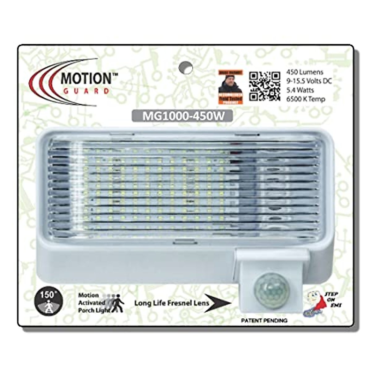 MOTION-GUARD, MG1000-450W, RV Motion Sensor Light, 12 Volt, Exterior Mounted Motion Sensor Bright LED Porch Utility IP65 Flood Light with Battery Monitoring Sensor and EMI Suppression, USA Designed