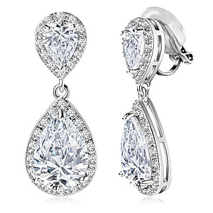Wedding Zircon Teardrop Clip On Earrings For Brides Women No Piercing Sparkly CZ Silver Dangle Earrings