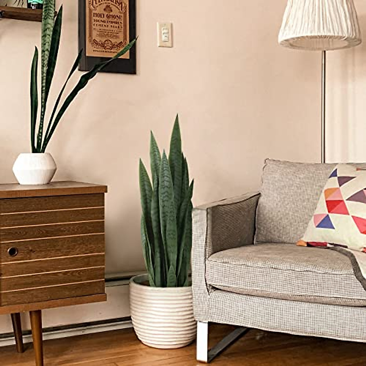 Worth Garden 3ft Artificial Snake Plant Fake Sansevieria Indoor Outdoor, 28 Thick Leaves Lifelike Faux Silk Plant, Home Decor Mother in Law Tongue Plant 35in, Black Pot & 20g Dry Moss Included, Green