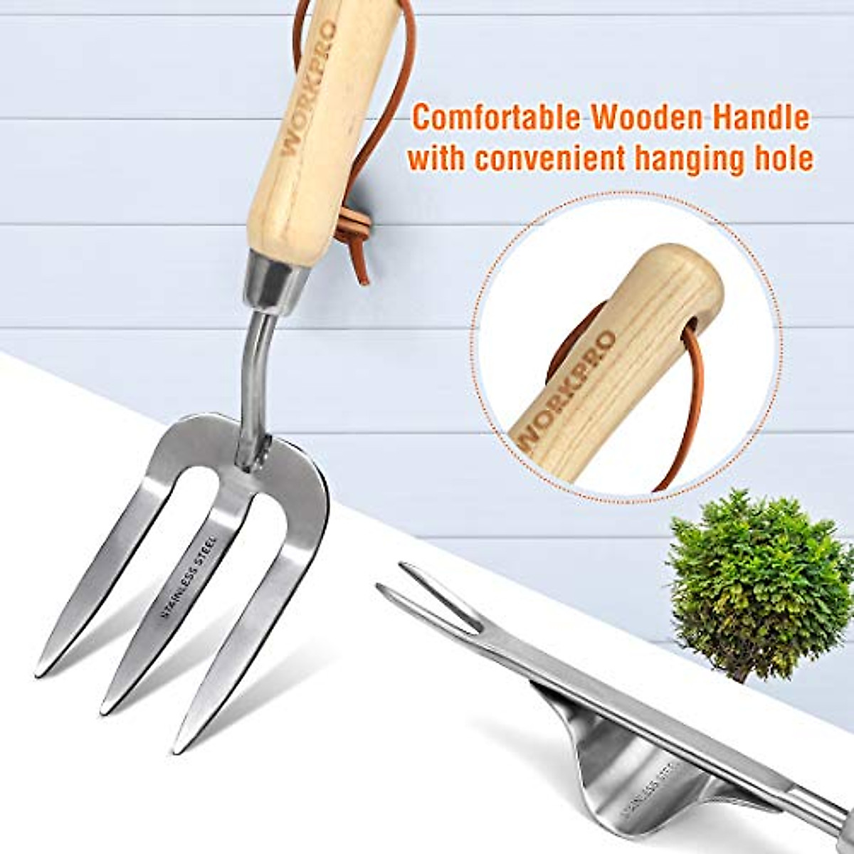 WORKPRO Garden Tools Set, 7 Piece, Stainless Steel Heavy Duty Gardening Tools with Wooden Handle, Including Garden Tote, Gloves, Trowel, Hand Weeder, Cultivator and More-Gardening Gifts For Women Men