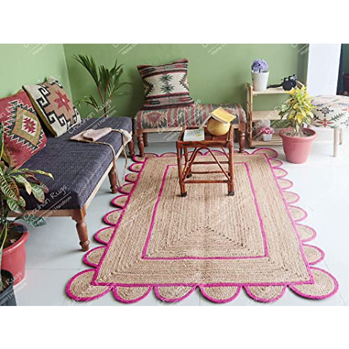 Chouhan Rugs Area Rug Natural Jute Hand Braided Rug Pink Scalloped Runner