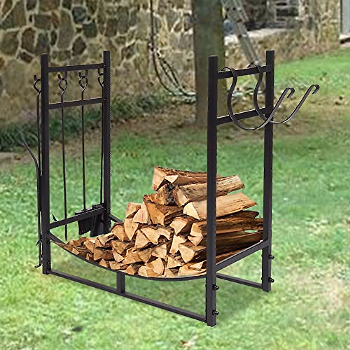 30 Inch All-In-One Heavy Duty Firewood Rack with Hooks & Fireplace Tools Set, Indoor/Outdoor Firewood Log Rack with Kindling Holder Shovel Poker Tongs Brush, Black