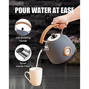 Retro Electric Kettle, 1.7L / 1500W Electric Tea Kettles for Boiling Water, Wood Pattern Handle Blue Stainless Steel Hot Water Boiler with Temperature Display, Auto Shut-off Boil-Dry Protection