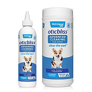 Oticbliss Advanced Cleaning Wipes XL (60 Ct) and Oticbliss Advanced Cleaning Flush (8 oz) Bundle Complete Dog Ear Care with Dog Ear Cleaning Wipes Plus Ear Cleaning Solution for Dogs