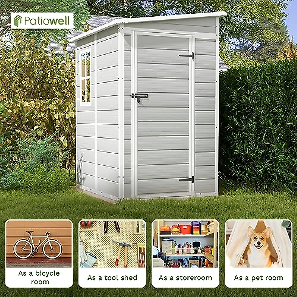 Patiowell 5x4 FT Outdoor Storage Shed, Resin Storage Shed with Floor & Window & Lockable Door for Patio Furniture, Garden Tools and Bicycle, White & Grey