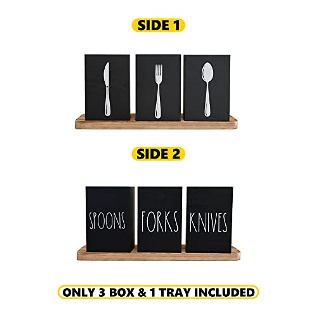 CHONIC Farmhouse Silverware Holder, Rustic Wood Silverware Caddy with Tray, Spoon Fork Knives Flatware Dispenser, Utensil Countertop Organizer, Plastic Cutlery Holder for Kitchen Party (Black)