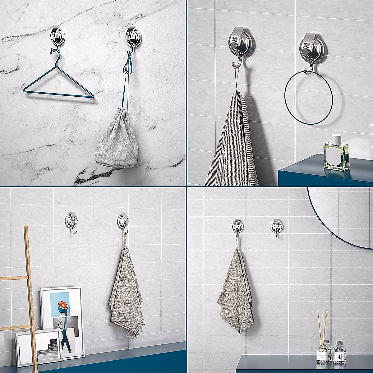 SOCONT Suction Cup Hooks for Shower, Heavy Duty Vacuum Shower Hooks for Inside Shower, Silver-Plated Plished Easy to Install Super Suction for Kitchen Bathroom Restroom, 4 Pack