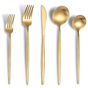 Lemeya Matte Gold Silverware Set,Modern Stainless Steel Flatware Set,20 Pieces Cutlery Set Service for 4,Tableware Utensil Set for Home and Restaurant, Satin Finish, Dishwasher Safe