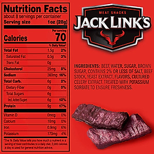 Jack Link's Steak Strips, Beef Jerky, Original Flavor, Snack Bags, Extra Thick Cut Protein Snacks, Ready to Eat - 9g of Protein and 70 Calories Per Serving, Made with Premium Beef, 8 Ounce (Pack of 2)