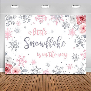 Mocsicka Winter Snowflake Baby Shower Backdrop Little Snowflake is On The Way Background Party Decoration for Girls Princess Silver and Pink Watercolor Floral Banner Supplies Photo Booth (6x4ft)