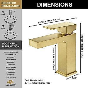 Brushed Gold Bathroom Faucet Single Hole, Lava Odoro Modern Brushed Brass Bathroom Sink Faucet Single Handle Vanity Faucet with Drain Assembly, Deck Plate Included, BF307-SG